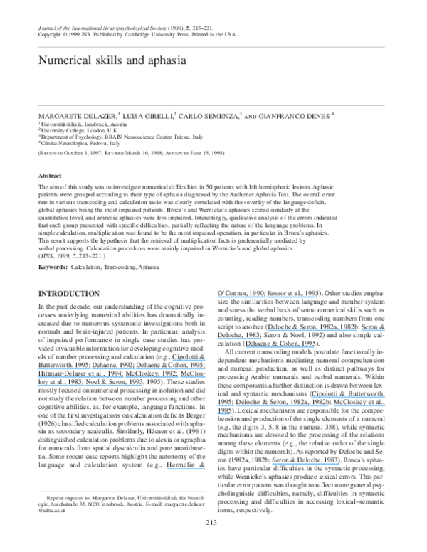 (PDF) Numerical skills and aphasia