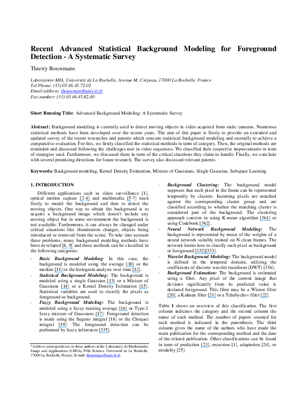 Pdf Recent Advanced Statistical Background Modeling For Foreground Detection A Systematic Survey