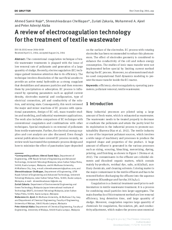 (PDF) A review of electrocoagulation technology for the treatment of ...