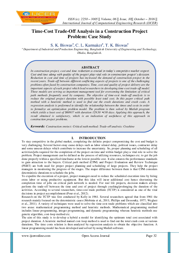(PDF) Time-Cost Trade-Off Analysis in a Construction Project Problem: Case Study