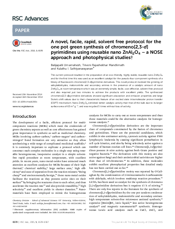 (PDF) A novel, facile, rapid, solvent free protocol for the one pot green synthesis of chromeno ...