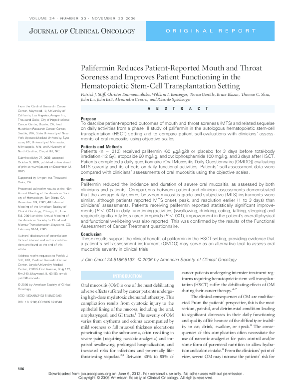 (PDF) Palifermin Reduces Patient-Reported Mouth and Throat Soreness and ...