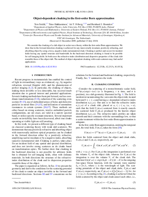 (PDF) Object-dependent cloaking in the first-order Born approximation