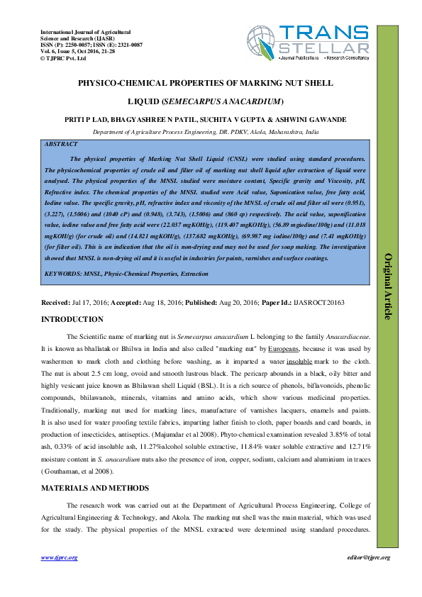 (PDF) PHYSICO-CHEMICAL PROPERTIES OF MARKING NUT SHELL LIQUID ...