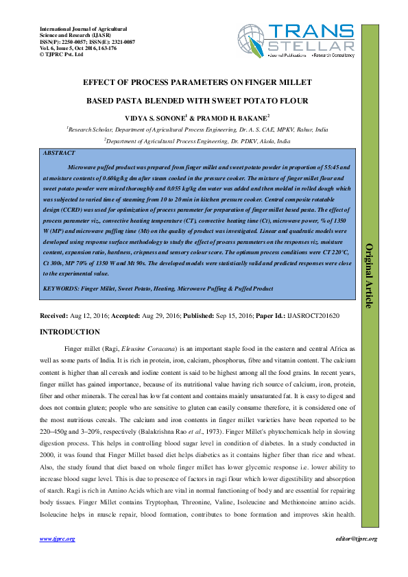 (PDF) EFFECT OF PROCESS PARAMETERS ON FINGER MILLET BASED PASTA BLENDED WITH SWEET POTATO FLOUR