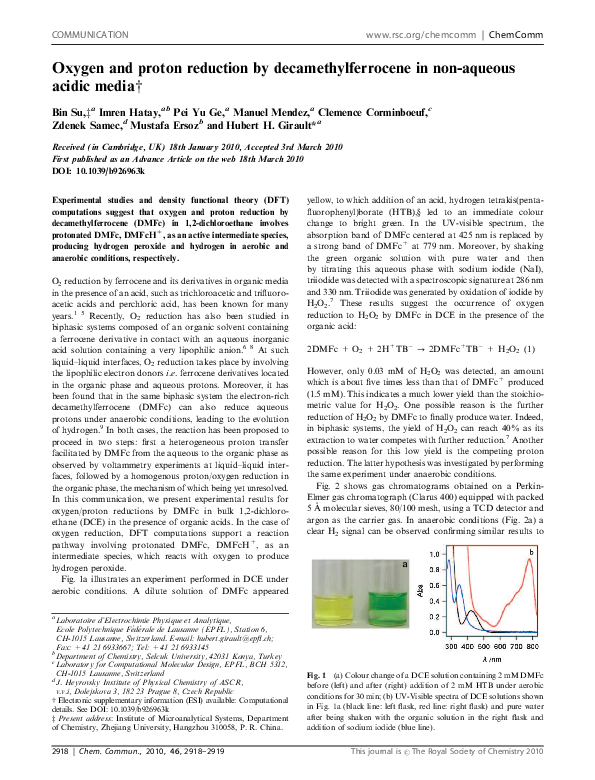 (PDF) Oxygen and proton reduction by decamethylferrocene in non-aqueous ...
