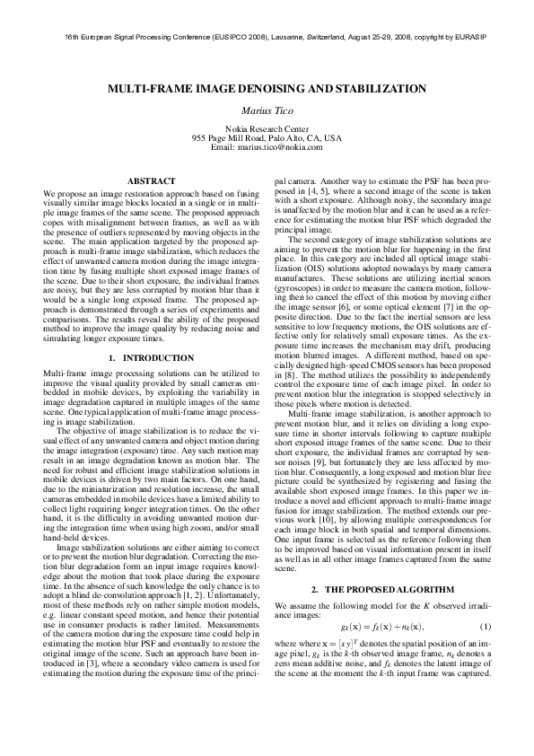 (PDF) Multi-Frame Image Denoising and Stabilization