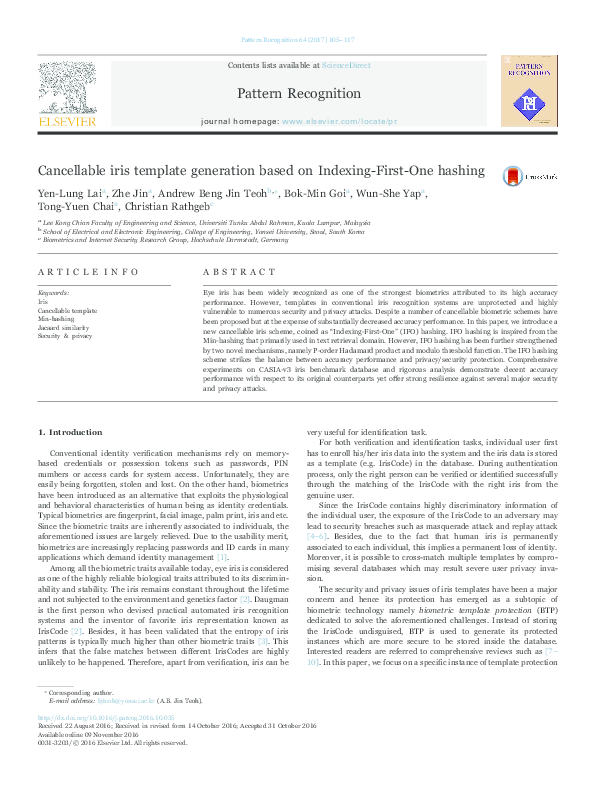 (PDF) Cancellable iris template generation based on Indexing-First-One hashing