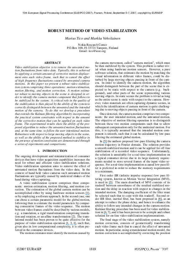 (PDF) Robust Video Stabilization with Kalman Filtering
