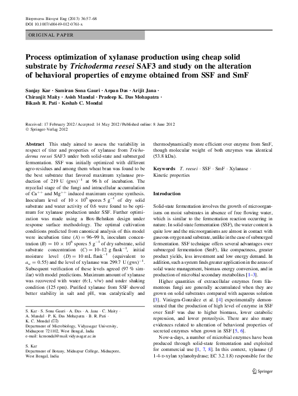 (PDF) Process optimization of xylanase production using cheap solid substrate by Trichoderma ...