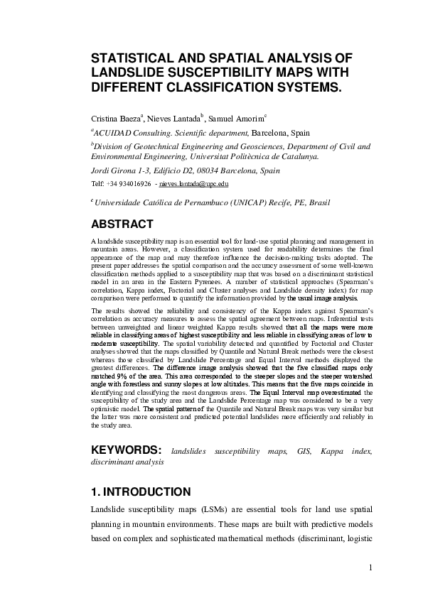 Statistical And Spatial Analysis Of Landslide Susceptibility Maps With Different Classification