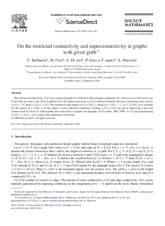 (PDF) On the restricted connectivity and superconnectivity in graphs with given girth