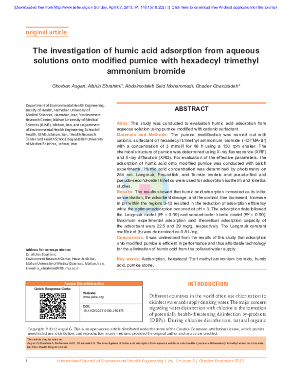 (PDF) The investigation of humic acid adsorption from aqueous solutions onto modified pumice ...