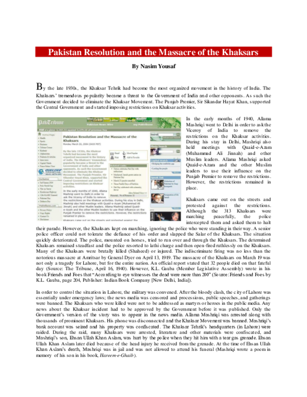 (PDF) "Pakistan Resolution and the Massacre of the Khaksars" By Nasim ...