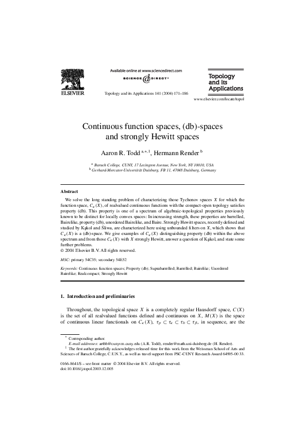 Pdf Continuous Function Spaces Db Spaces And Strongly Hewitt Spaces