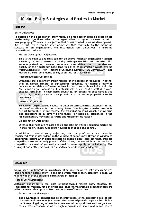 (PDF) Module -Marketing Strategy Market Entry Strategies and Routes to ...