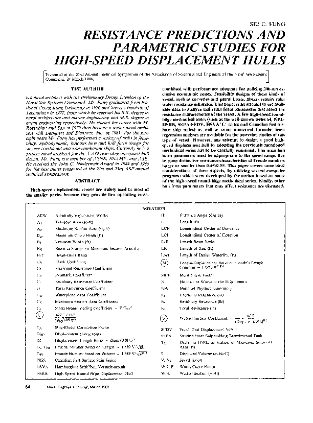 (PDF) RESISTANCE PREDICTIONS AND PARAMETRIC STUDIES FOR HIGH‐SPEED ...
