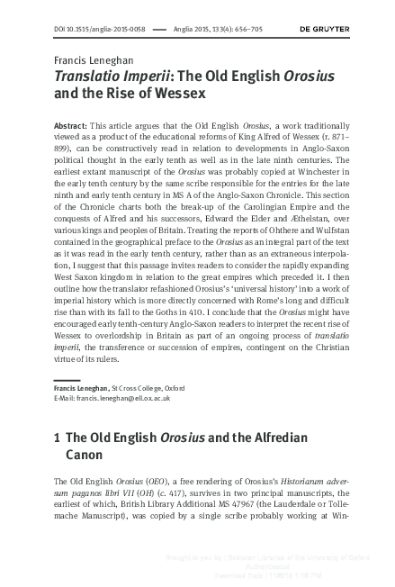 (PDF) Translatio imperii: The Old English Orosius and the Rise of Wessex