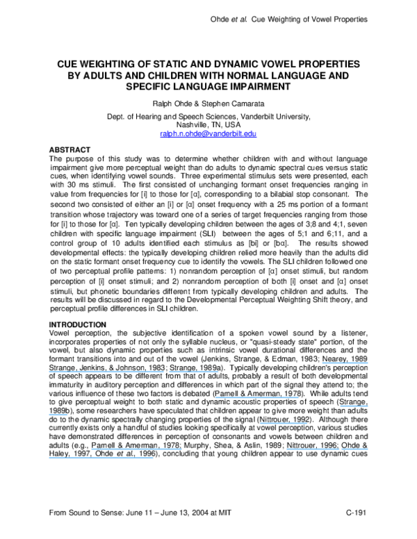 (PDF) Cue Weighting of Static and Dynamic Vowel Properties by Adults and Children with Normal ...