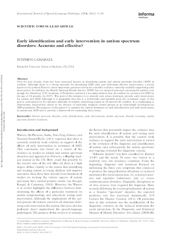 (PDF) Early identification and early intervention in autism spectrum disorders: accurate and ...