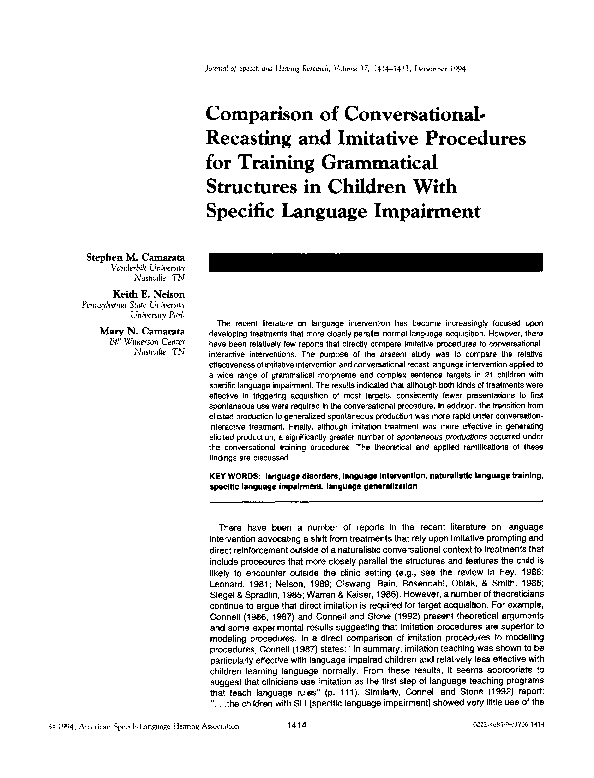 (PDF) Comparison of Conversational-Recasting and Imitative Procedures for Training Grammatical ...