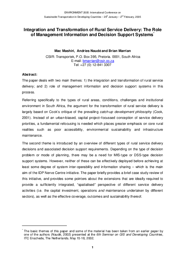 (PDF) Integration and Transformation of Rural Service Delivery: The ...