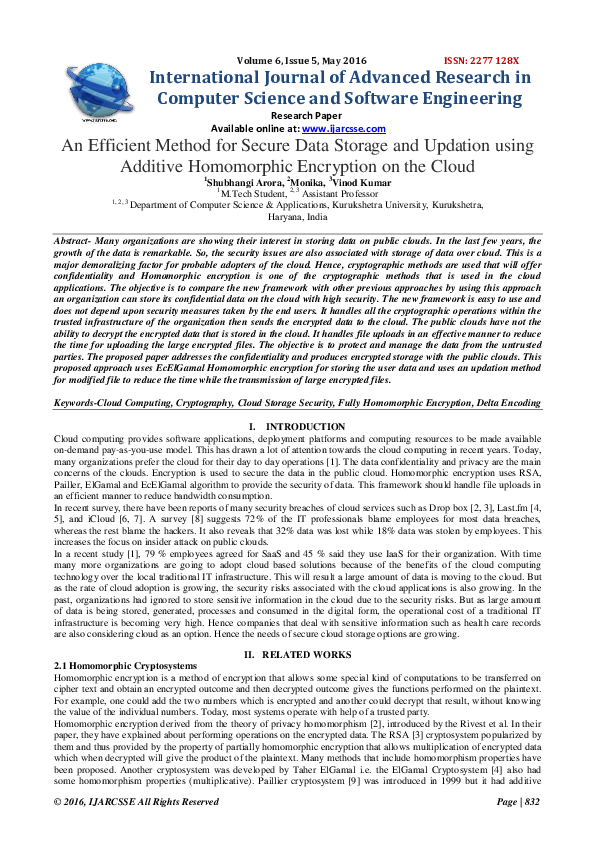 An Efficient Method For Secure Data Storage And Updation Using Additive Homomorphic Encryption