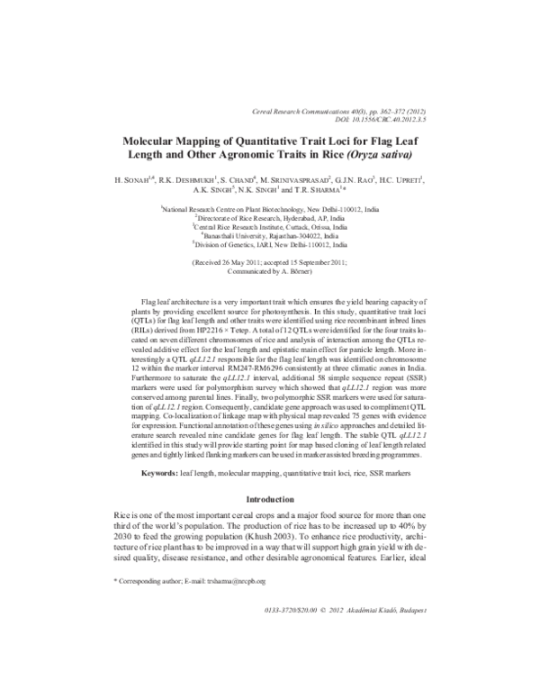 Pdf Molecular Mapping Of Quantitative Trait Loci For Flag Leaf Length
