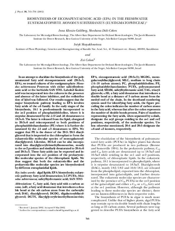 (PDF) Biosynthesis of Eicosapentaenoic Acid (Epa) in the Freshwater ...