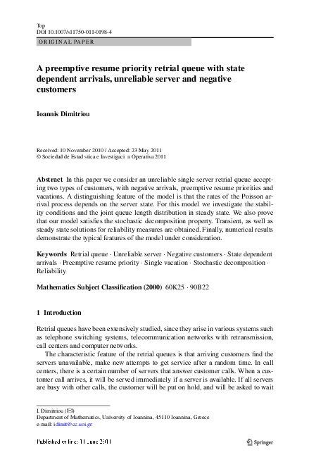 (PDF) A preemptive resume priority retrial queue with state dependent arrivals, unreliable ...