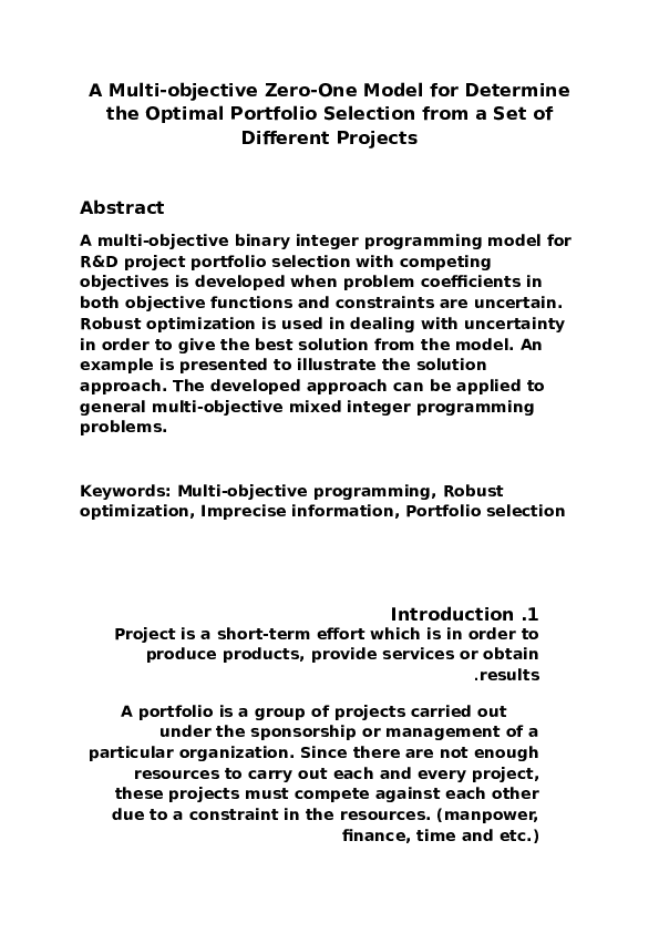 (DOC) A Multi-objective Zero-One Model for Determine the Optimal Portfolio Selection from a Set ...
