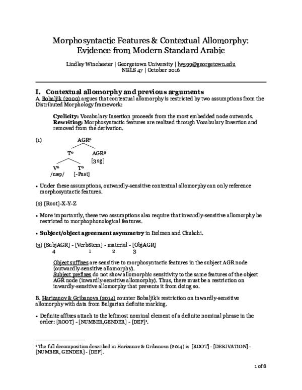(PDF) Morphosyntactic Features & Contextual Allomorphy: Evidence from ...