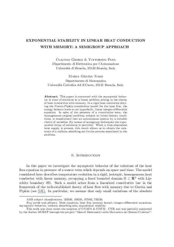 (PDF) Exponential stability in linear heat conduction with memory: a semigroup approach