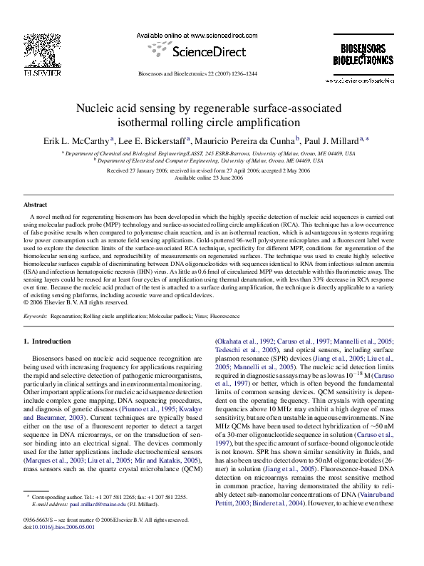 (PDF) Nucleic acid sensing by regenerable surface-associated isothermal rolling circle amplification