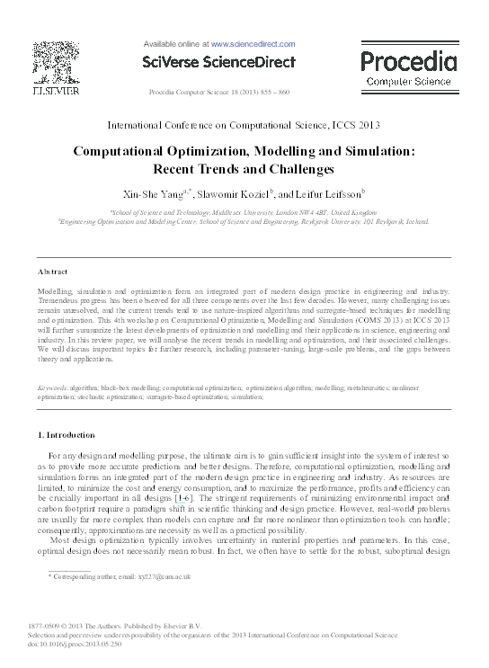Pdf Computational Optimization Modelling And Simulation Recent