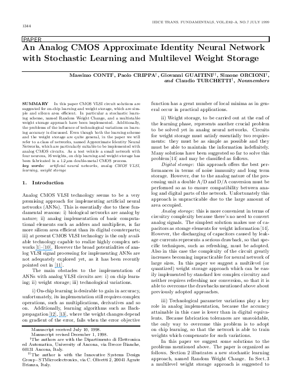(PDF) An Analog CMOS Approximate Identity Neural Network with Stochastic Learning and Multilevel ...