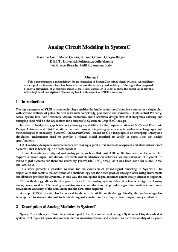 Pdf Analog Circuit Modeling In Systemc Simone Orcioni