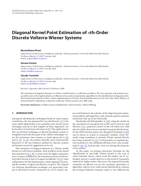 (PDF) Diagonal Kernel Point Estimation of nth-Order Discrete Volterra-Wiener Systems