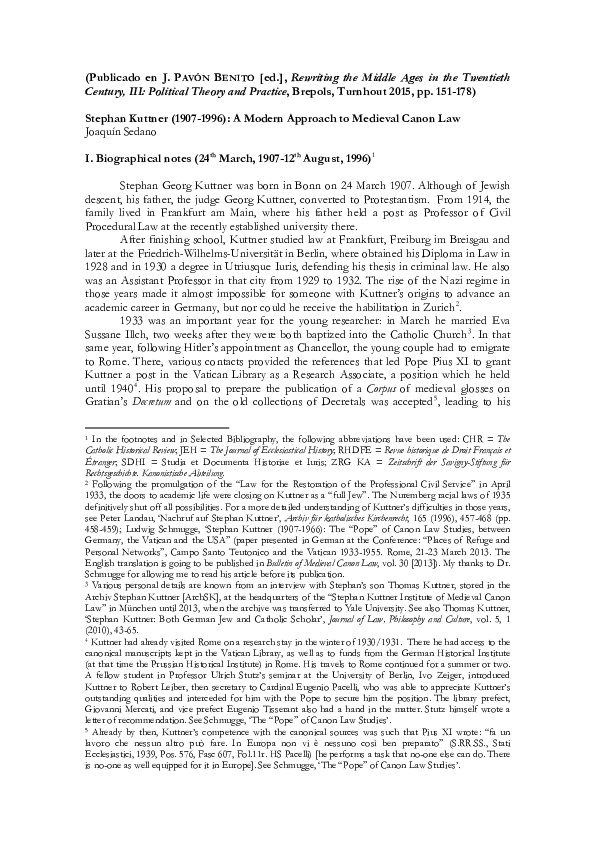 (PDF) Stephan Kuttner (1907–1996): A Modern Approach to Medieval Canon Law