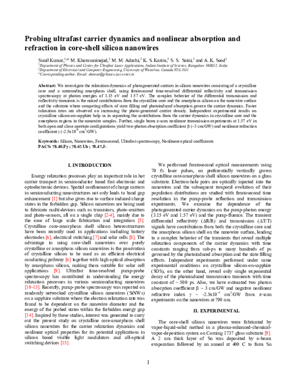 (PDF) Probing ultrafast carrier dynamics and nonlinear absorption and refraction in core-shell ...