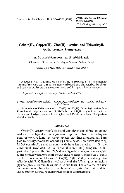 (PDF) Cobalt(II), copper(II), zinc(II)—Amino and thiosalicylic acids ternary complexes