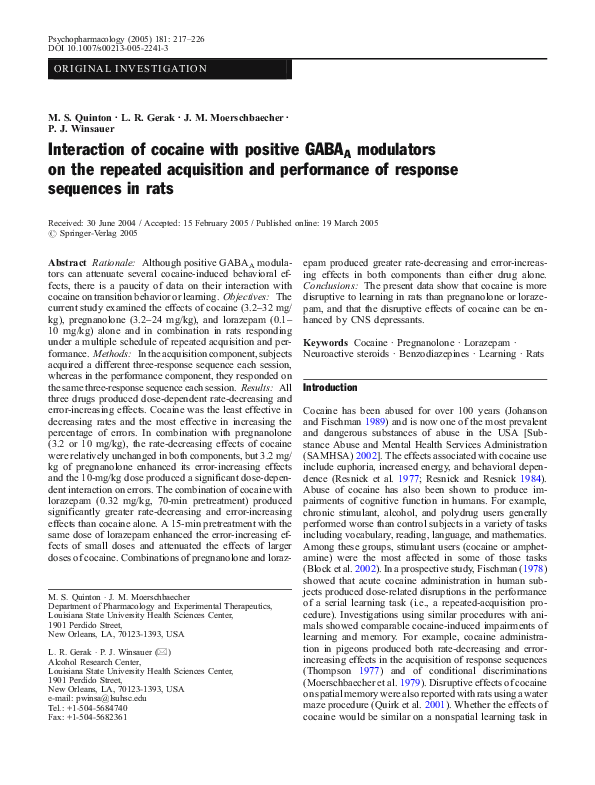 (PDF) Interaction of cocaine with positive GABAA modulators on the ...