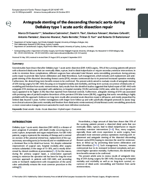 (PDF) Antegrade stenting of the descending thoracic aorta during ...