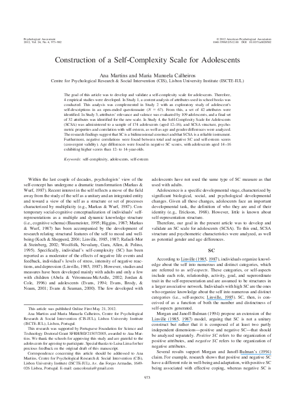 (PDF) Construction of a Self-Complexity Scale for Adolescents | Ana ...