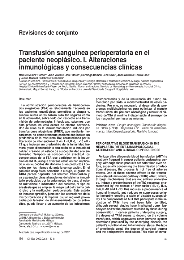 (PDF) Transfusión sanguínea perioperatoria en el paciente neoplásico ...