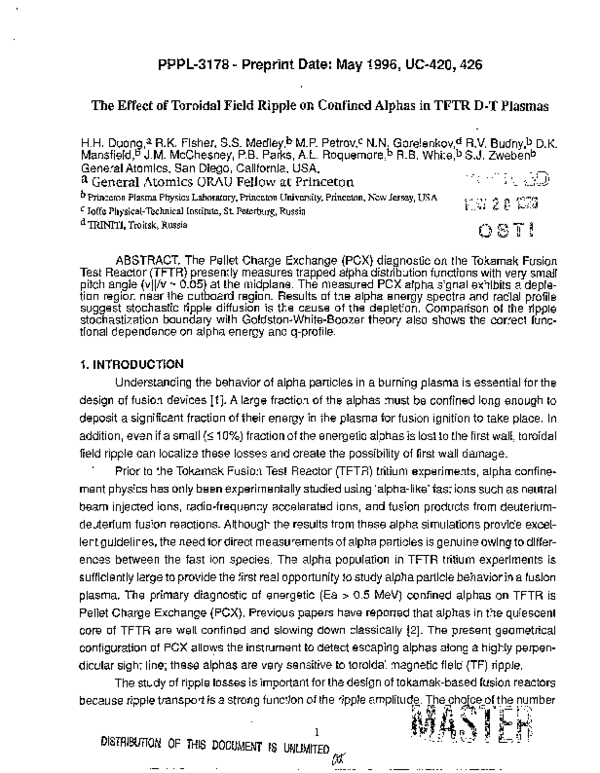 (PDF) The effect of toroidal field ripple on confined alphas in TFTR DT ...