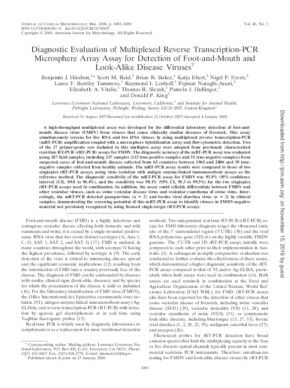 Pdf Diagnostic Evaluation Of Multiplexed Reverse Transcription Pcr Microsphere Array Assay For