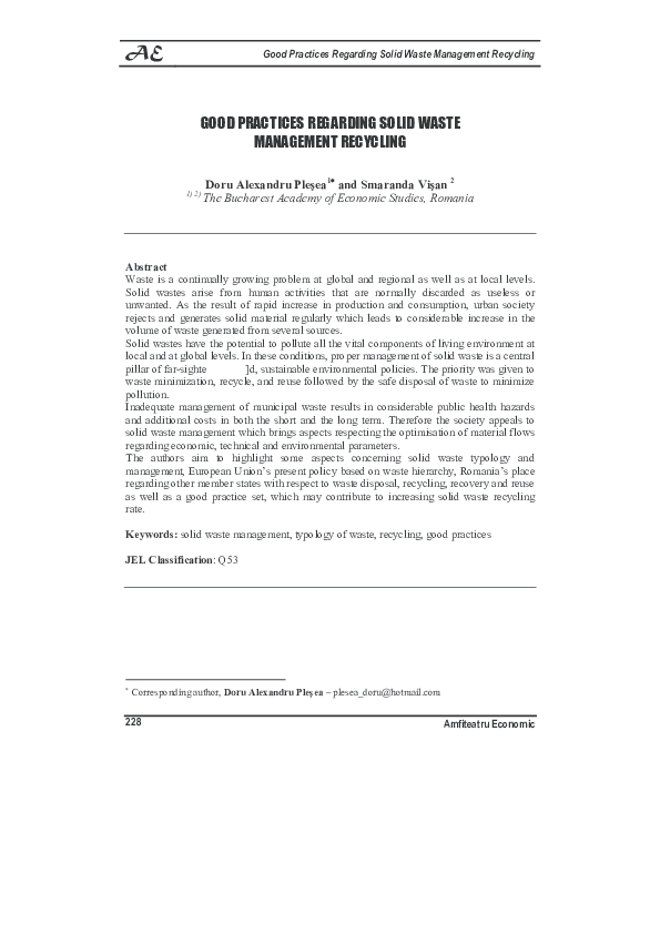(PDF) Good Practices Regarding Solid Waste Management Recycling | Doru ...