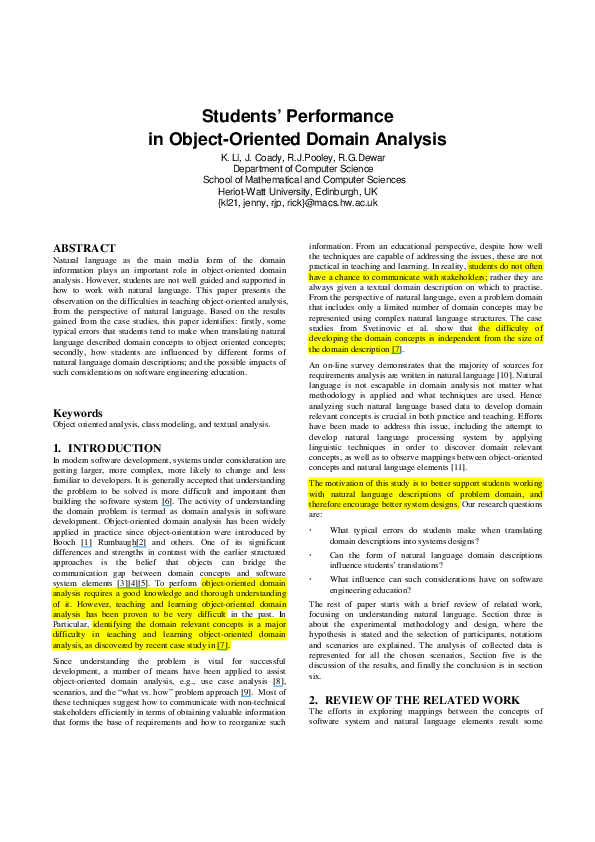 (PDF) Students' Performance in Object-Oriented Domain Analysis