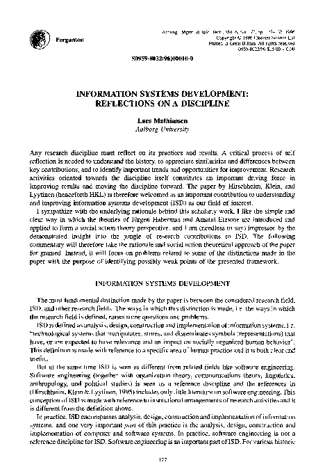 (PDF) Information systems development: Reflections on a discipline